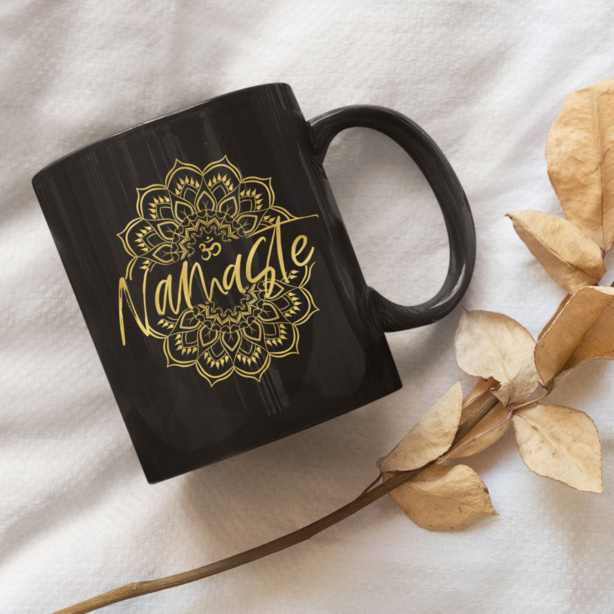Namaste Golden Mandala Black Mug – 7 Chakra Store